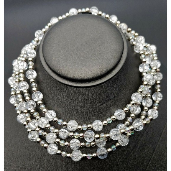 Unknown | Jewelry | Clear Lucite Iridescent Beaded Necklace Gold Tone ...